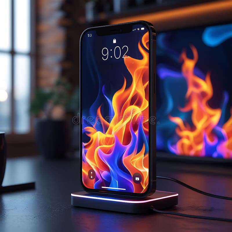 Modern Smartphone with Vibrant Fire Flames Wallpaper on a Charging ...