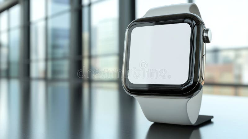Modern Smartwatch with Blank Screen on Table, Office Background Stock ...