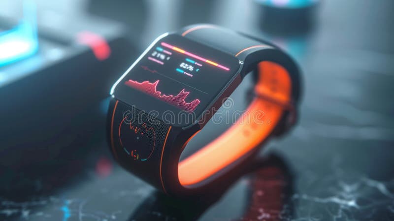 Modern Smartwatch with Data Display and Orange Band on a Marble Surface ...