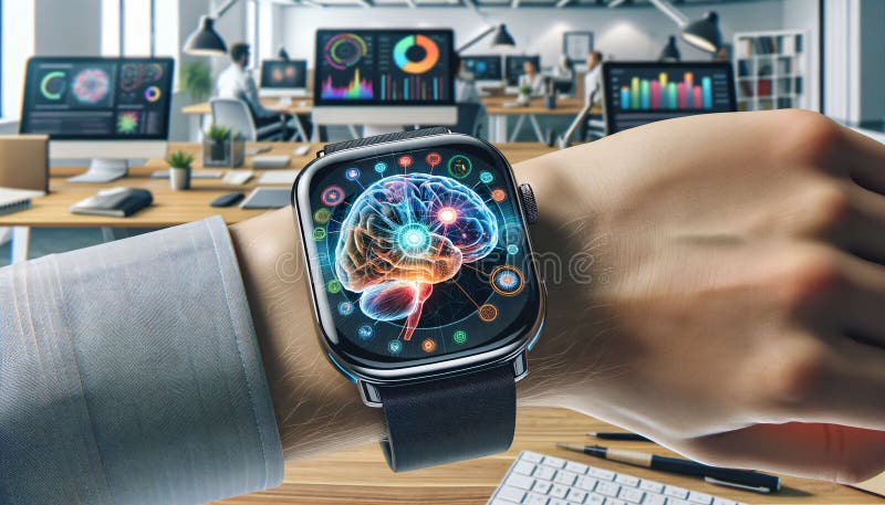 Smartwatch with 3D Brain Health Analysis in Office Stock Illustration ...