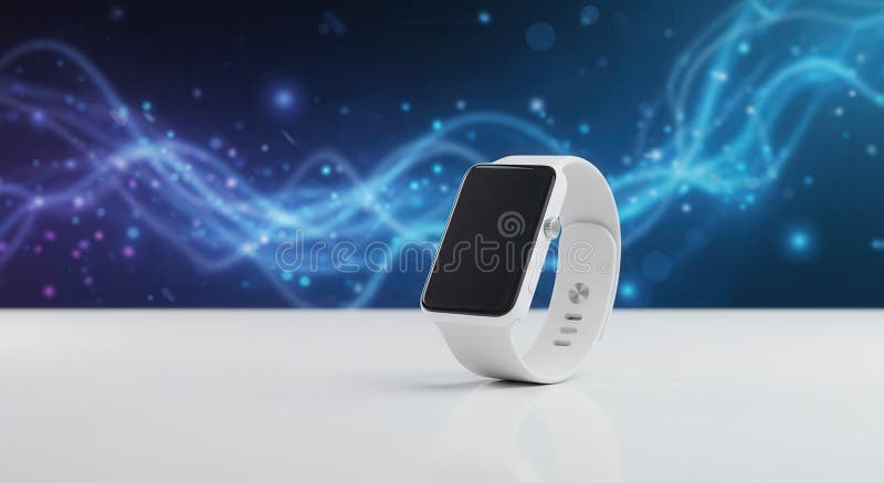 Modern Smartwatch with White Band on Abstract Digital Background Stock ...