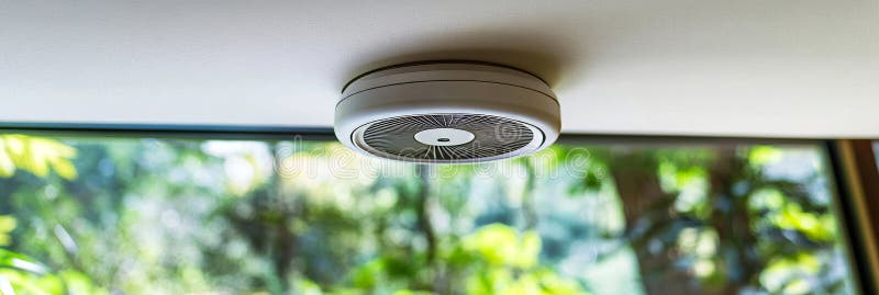 Modern Smoke Alarm on White Ceiling in Office with Large Windows ...