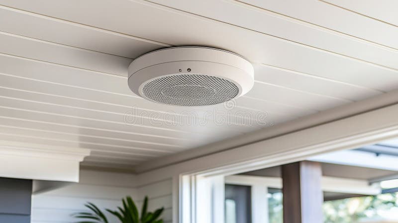 Modern Smoke Detector Installed on White Ceiling Paneling, Ensuring ...