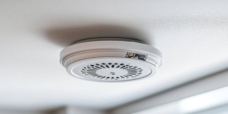 Modern Smoke Detector Mounted on White Ceiling with Visible Battery ...