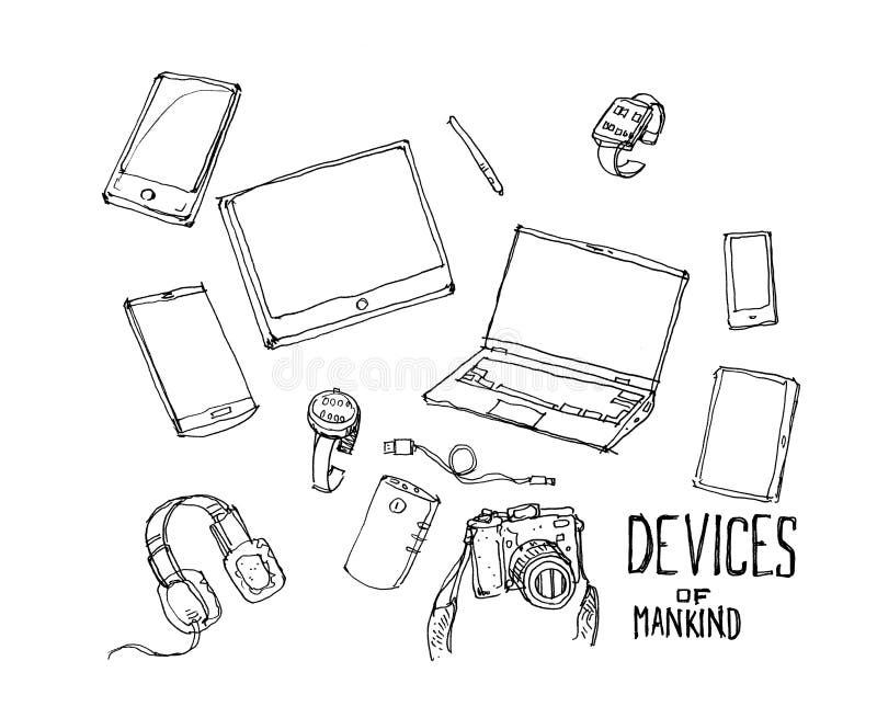 Modern Society Devices Illustration Doodle. Smart Phone, Watch, Stock ...