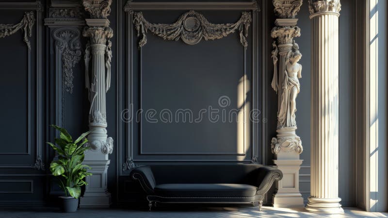 A Modern Sofa and Classical Columns are Set Against a Dark Wall in the ...