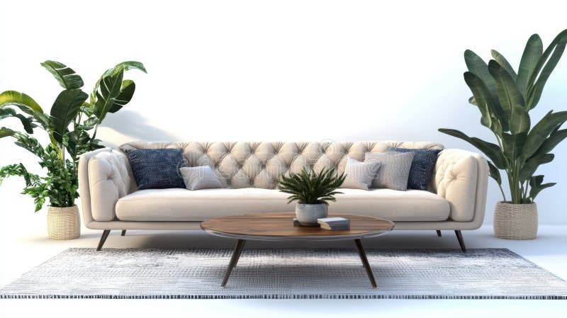 Modern Sofa with Coffee Table Rug and Plant Decor 3D Render Stock ...