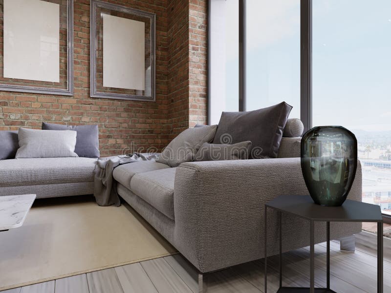 Modern Sofa with Panoramic Windows in Loft Living Room Stock ...