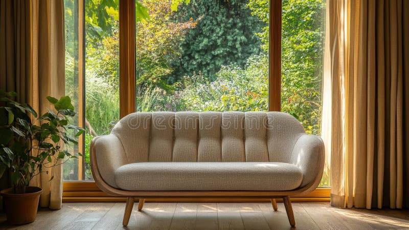 A Modern Sofa by a Window with a Garden View Stock Illustration ...