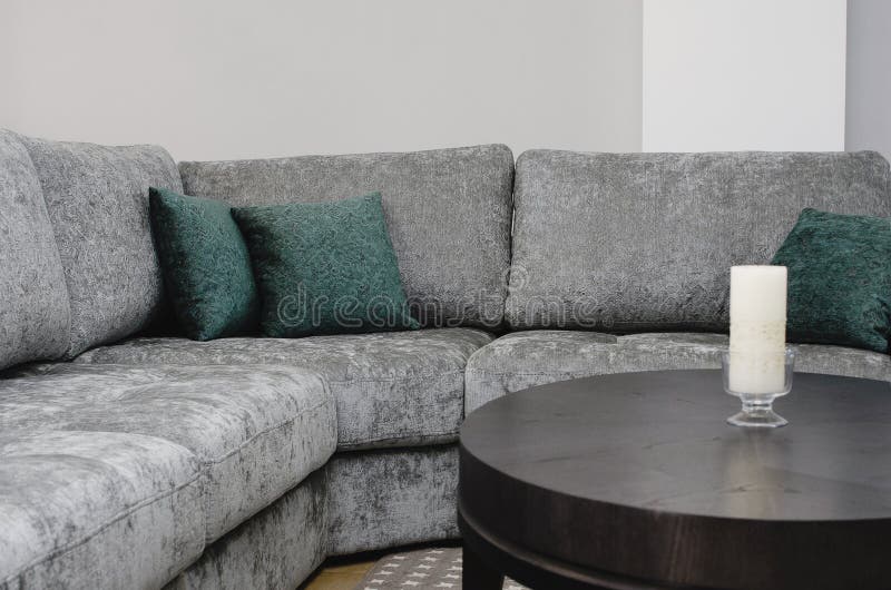 Modern Soft Corner Sofa with Pillows in the Interior of the Apartment ...