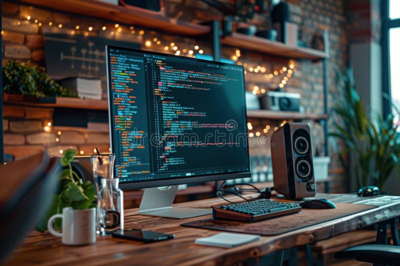 Modern Software Developer Workspace With Computer Code On The Screen And A Speaker On The Side