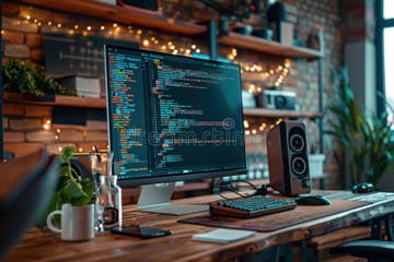 Modern Software Developer Workspace with Computer Code on the Screen and a Speaker on the Side ...