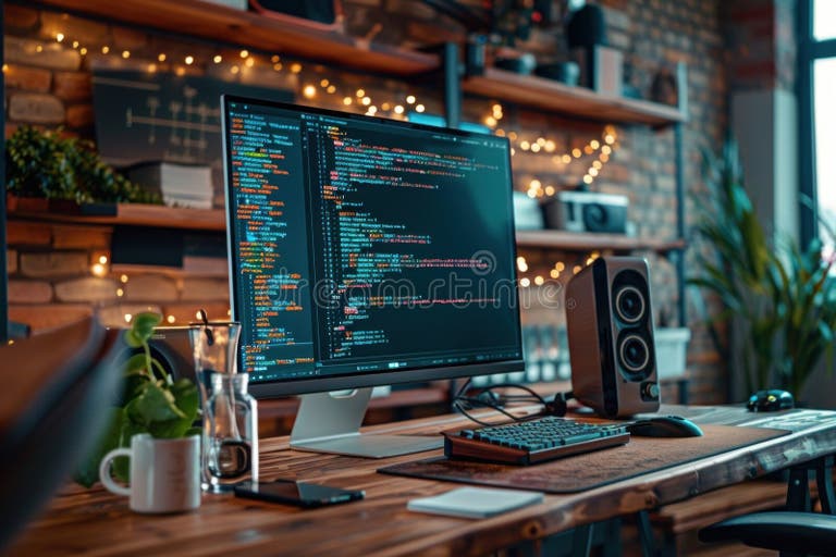 Modern Software Developer Workspace with Computer Code on the Screen and a Speaker on the Side ...
