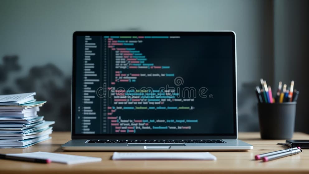 Modern Software Development Workspace with Code Editor on Laptop in ...