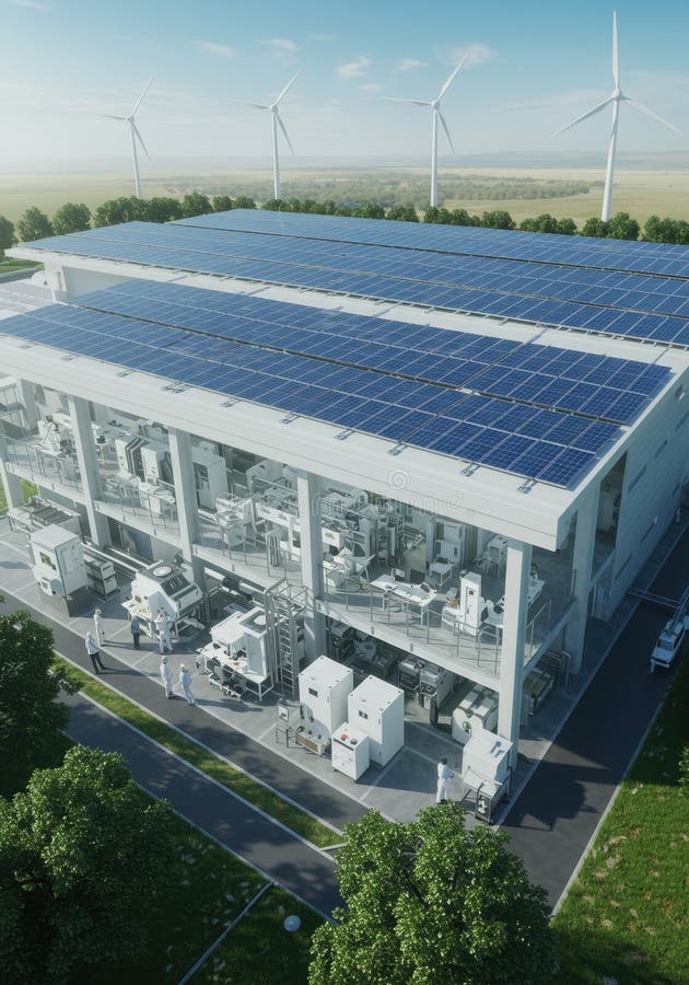 Modern Solar Energy Factory with Wind Turbines Stock Illustration ...