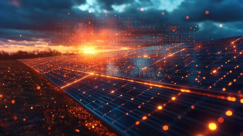 Modern Solar Panel Array with Holographic Effects during Sunset in a ...