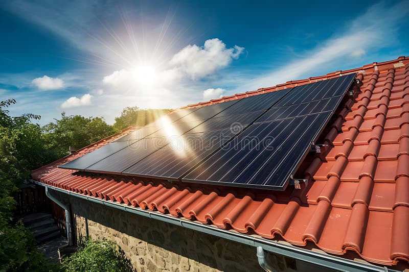Modern Solar Panel on a Red Roof Reflecting the Sun and the Cloudless ...