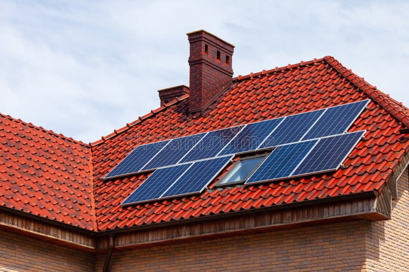 Modern Solar Panels on a Red Tiled Roof Stock Image - Image of industry ...