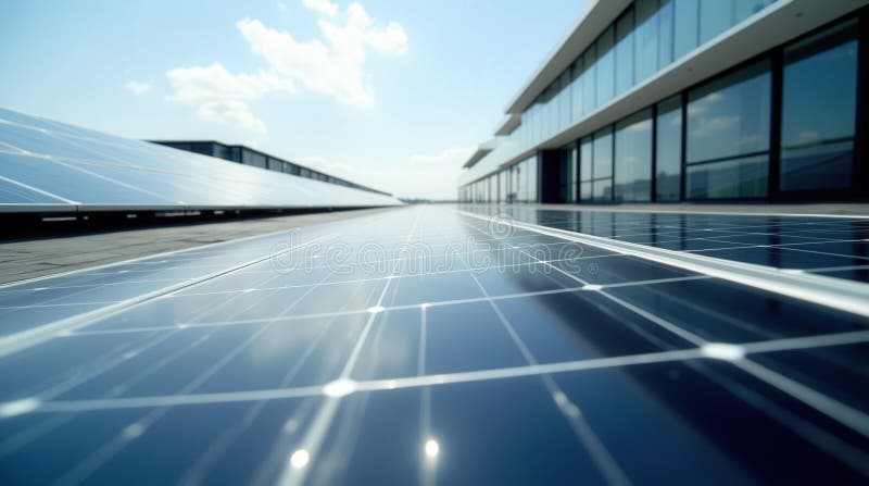 Modern Solar Panels on a Rooftop Reflecting Sky in Bright Sunlight ...