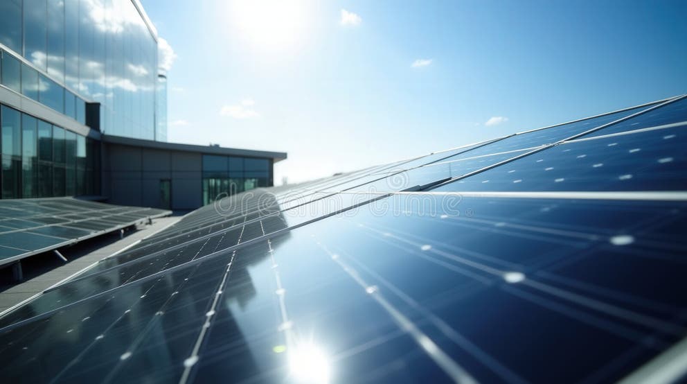 Modern Solar Panels on Rooftop Reflecting Sunlight in Urban Setting ...