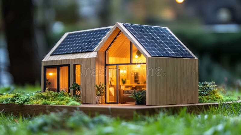 Modern Solar Powered Eco House Model at Night Stock Illustration ...