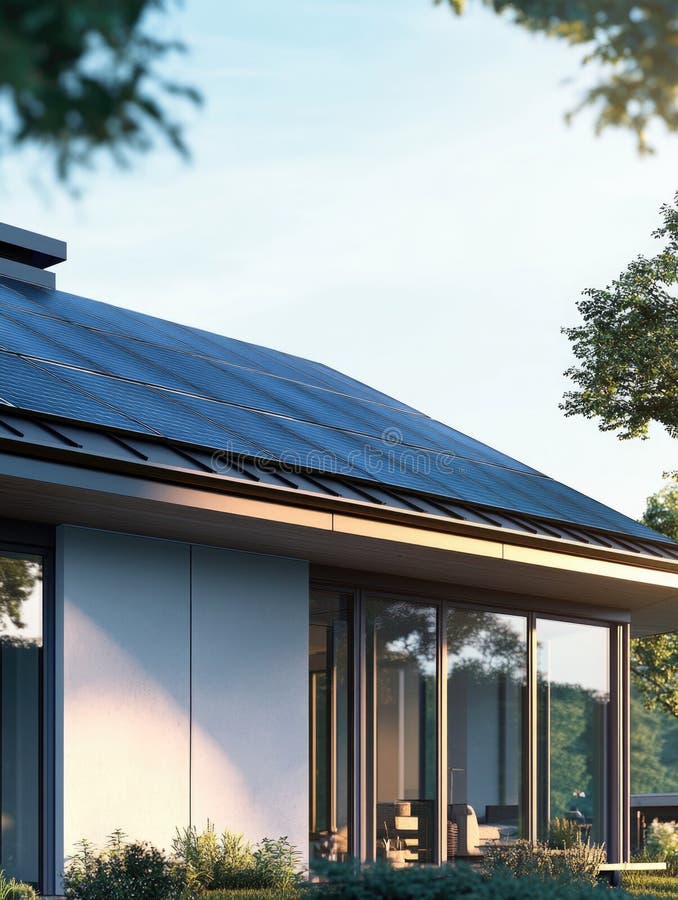 Modern Solar-Powered House at Dusk Stock Image - Image of building ...