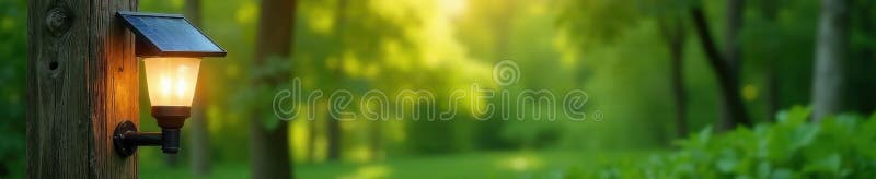 Modern Solar Powered Light Fixture Mounted on Weathered Wood, Lush ...