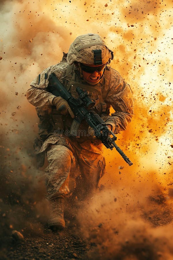Modern Soldier Advancing through Explosion in Combat Zone during Active ...