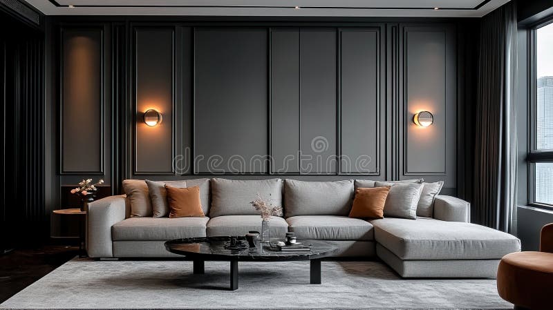 Modern, Sophisticated Living Room with a Dark Gray Wall Design Stock ...