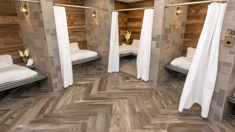 Modern Spa Changing Room with Private Shower Compartments and Cozy ...