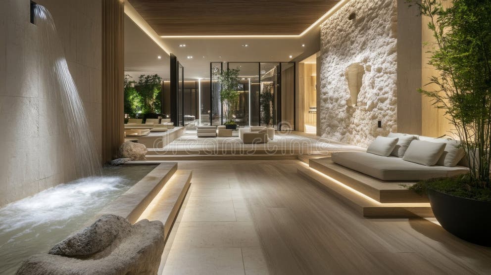 Modern Spa Interior Design with Water Feature Stock Illustration ...