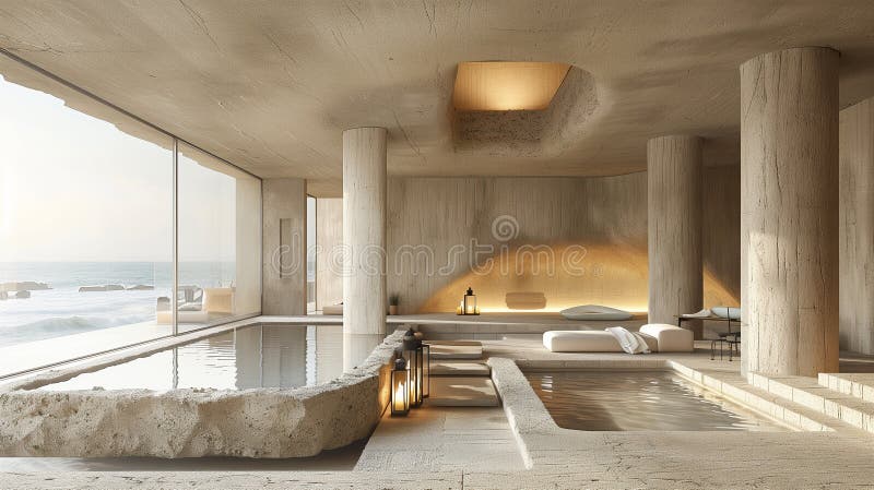 Modern Spa Interior with Ocean View and Natural Stone Features Stock ...