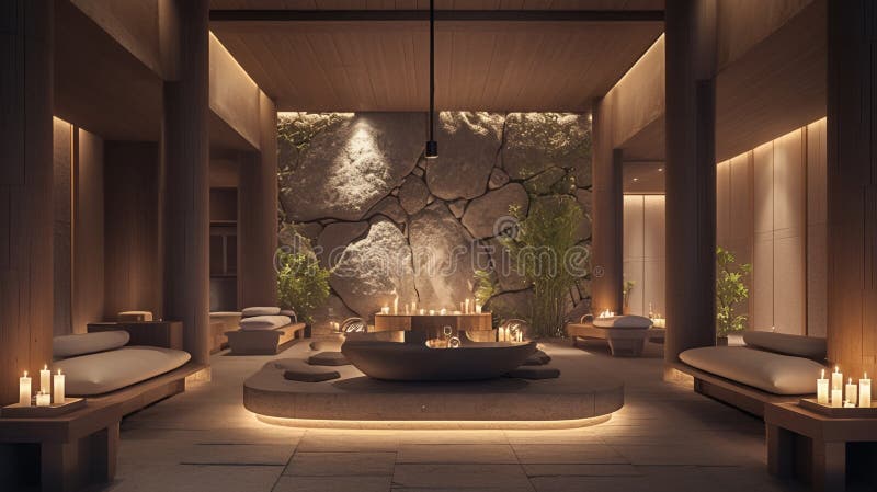 Modern Spa Interior with Stone Wall and Lounge Seating Stock ...