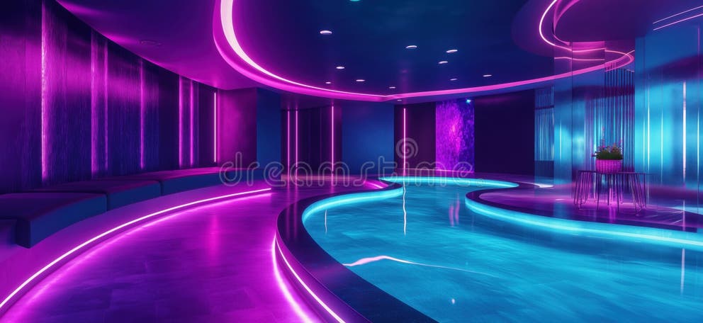 Modern Spa Interior with Vibrant Neon Lighting, Flowing Water Features ...