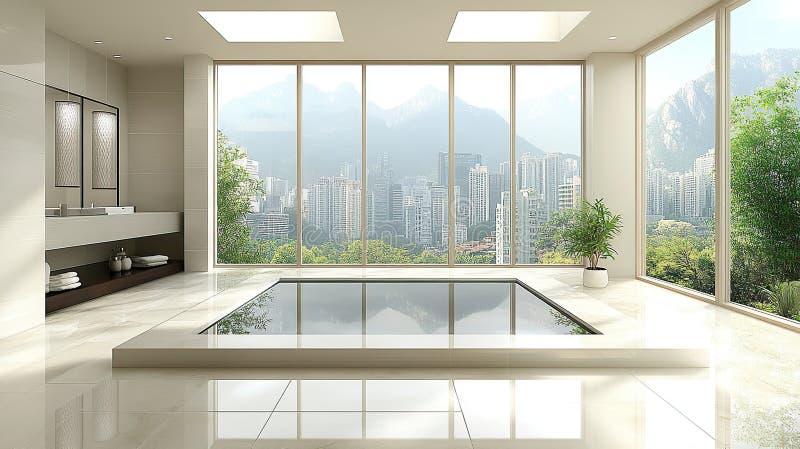 Modern Spa-like Bathroom with City Views Stock Illustration ...