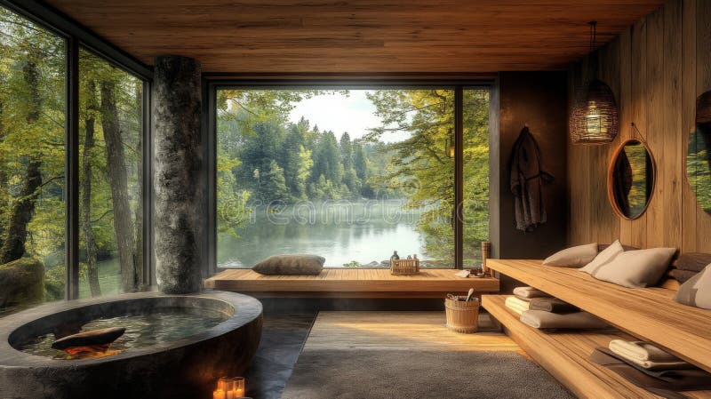 Modern Spa Room with a Stone Hot Tub and a View of a Lake and Forest ...