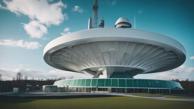 _A Modern Space Center with a Circular Structure and a Tower. Stock ...