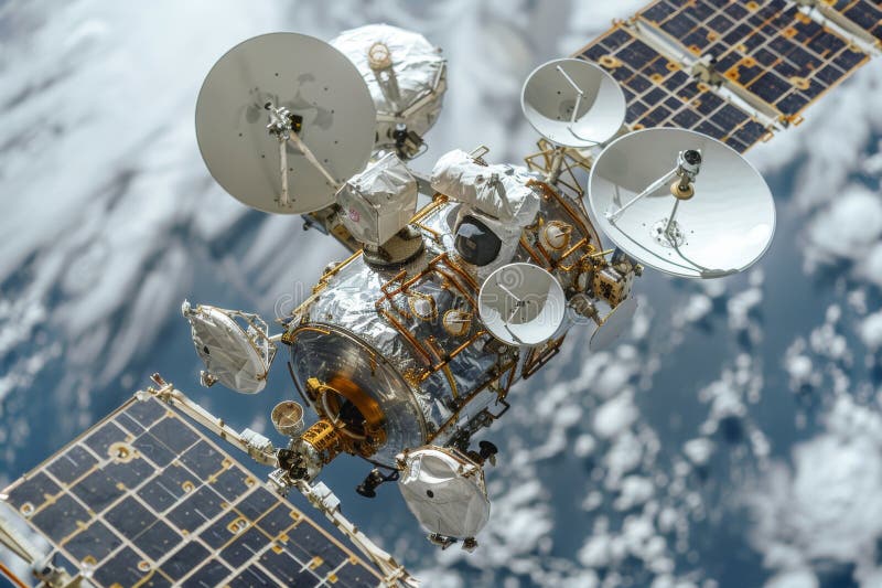 Space Communications Satellite in Orbit Around the Earth. Elements of ...