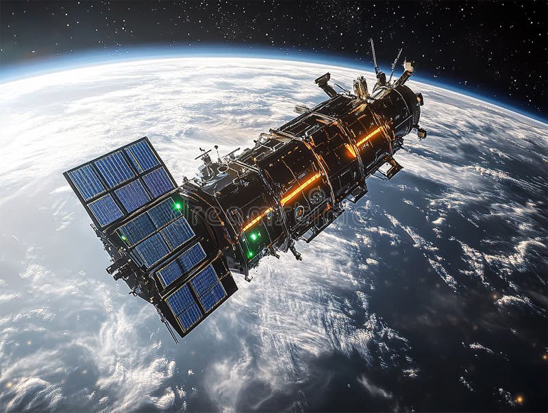 Space Communications Satellite in Orbit Around the Earth. Elements of ...