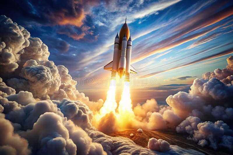 Modern Space Rocket Soaring in Cloudy Sky Stock Illustration ...