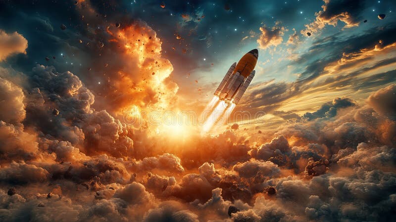 Modern Space Shuttle Launch in Outer Space. through the Clouds, it ...