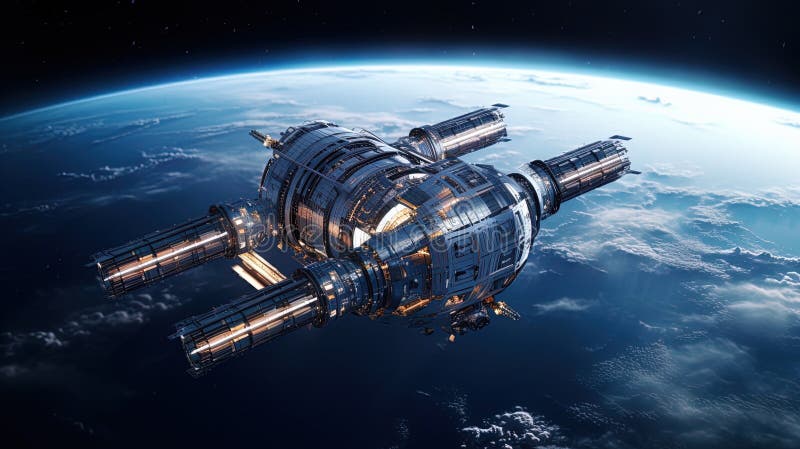 A Modern Space Station with a Panoramic View of the Planet Earth Stock ...