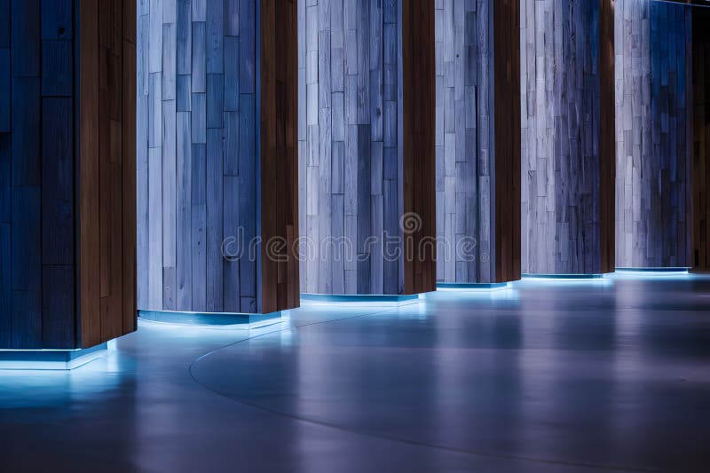 Modern Space with Tall Wooden Columns Emitting Blue Light, Reflecting ...
