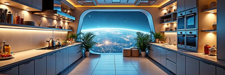 Modern Space-themed Kitchen with Earth View, Futuristic Interior Design ...