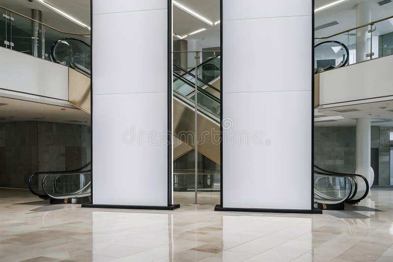 Modern Space with Two Large Vertical White Banners, Escalators, Clean ...