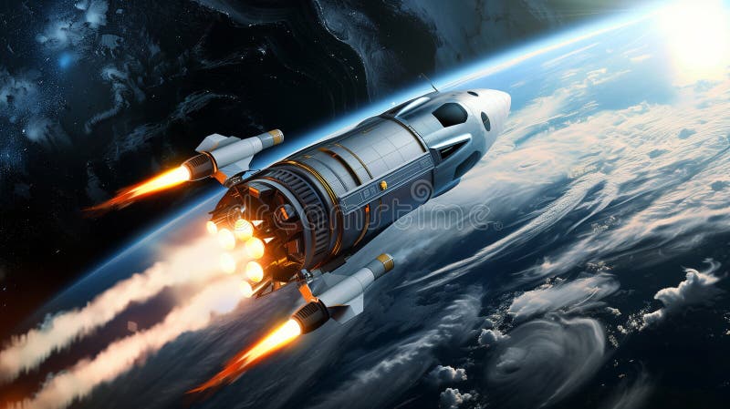 A Modern Spacecraft Launching into Space, Leaving Earth Behind, with ...