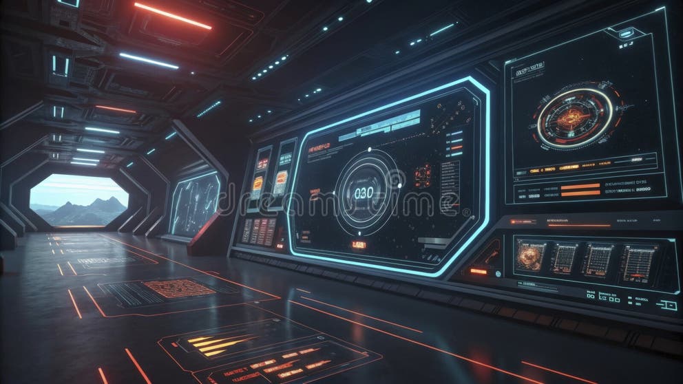 Futuristic Spaceship Interior Featuring Glowing Control Panels, Digital ...