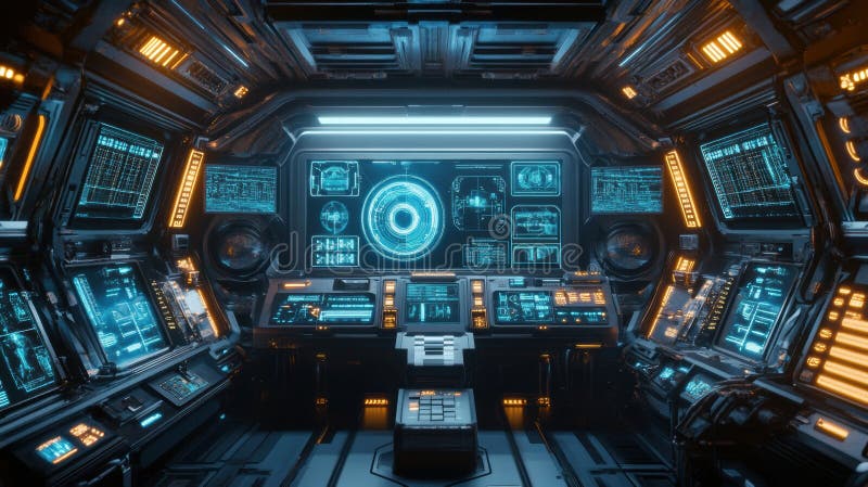 A Modern Spaceship Interior with a Metallic Design, Glowing Elements ...