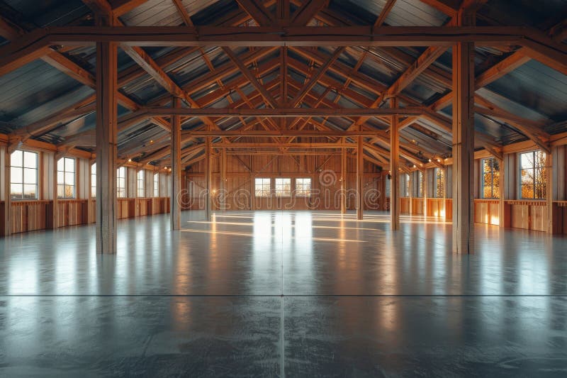 Modern Spacious Barn Interior with Empty Open Space and Polished Floor ...