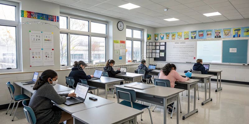 Modern classroom in school stock illustration. Illustration of ...